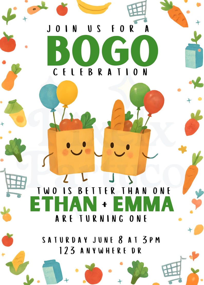 BOGO Twin Birthday Invitation: Grocery Store Theme (digital Download ...