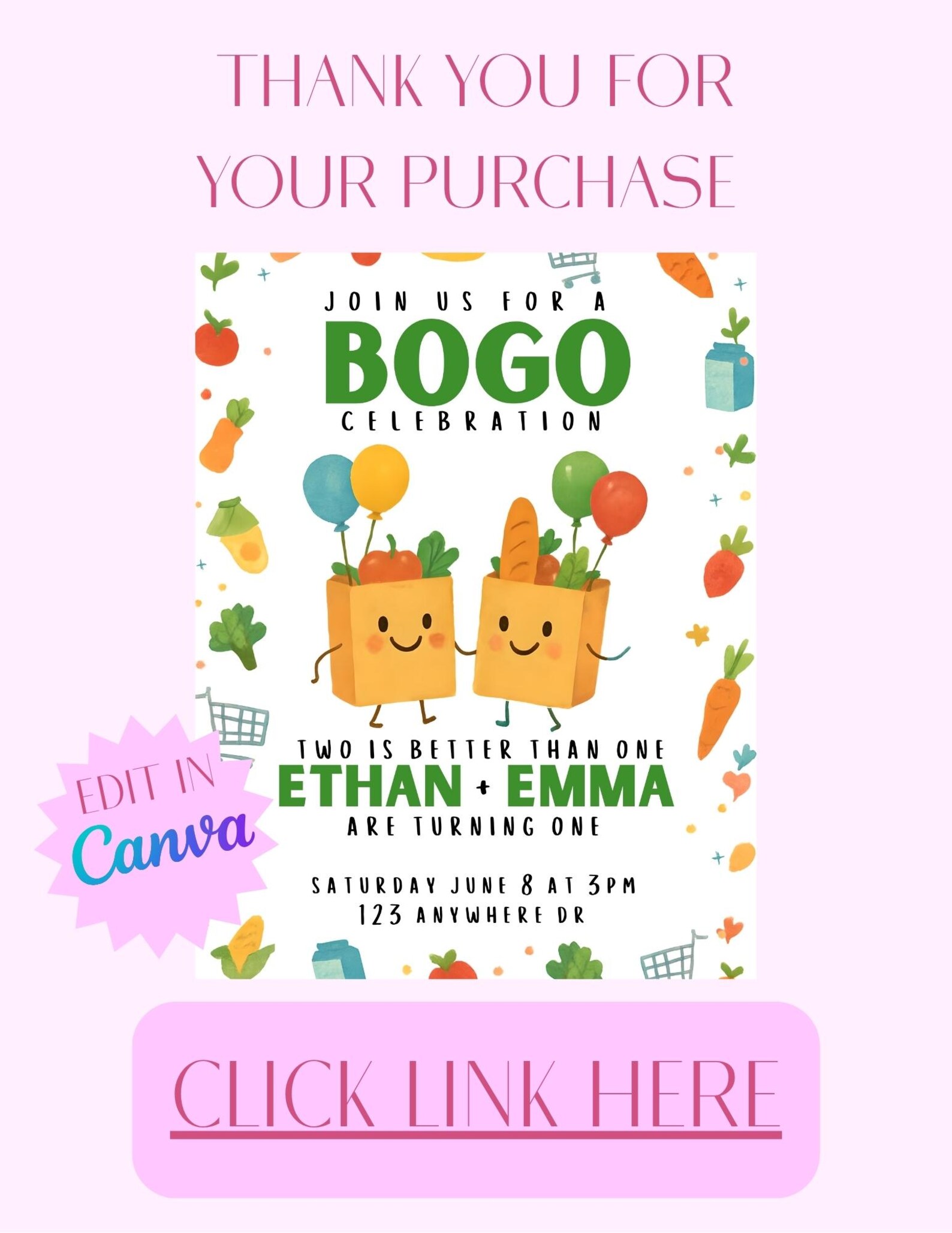BOGO Twin Birthday Invitation: Grocery Store Theme (digital Download ...