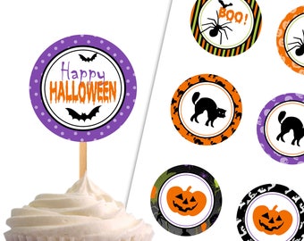 Cute Halloween Faces Printable Cupcake Toppers 2 Round Party Decor Tags ...