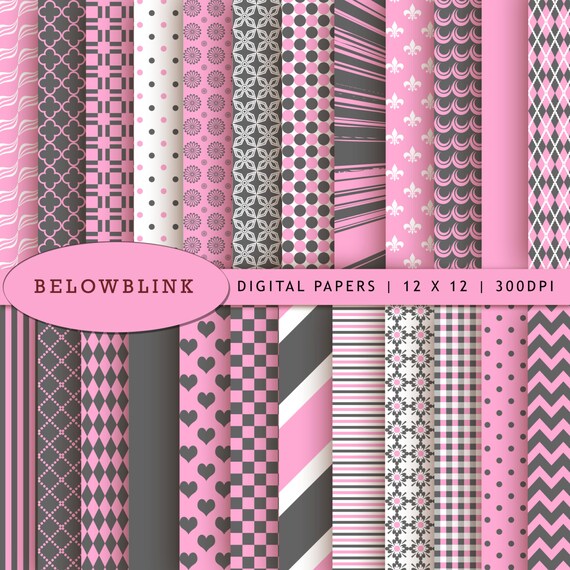 Gray and Pink Digital Paper Pack, Scrapbook Papers, 24 jpg files 12 x ...