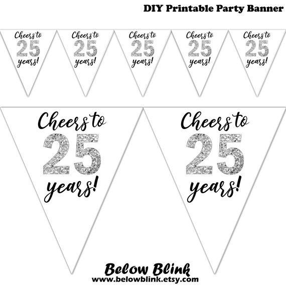 Cheers To 25 Years Banner Birthday Anniversary Silver Black White