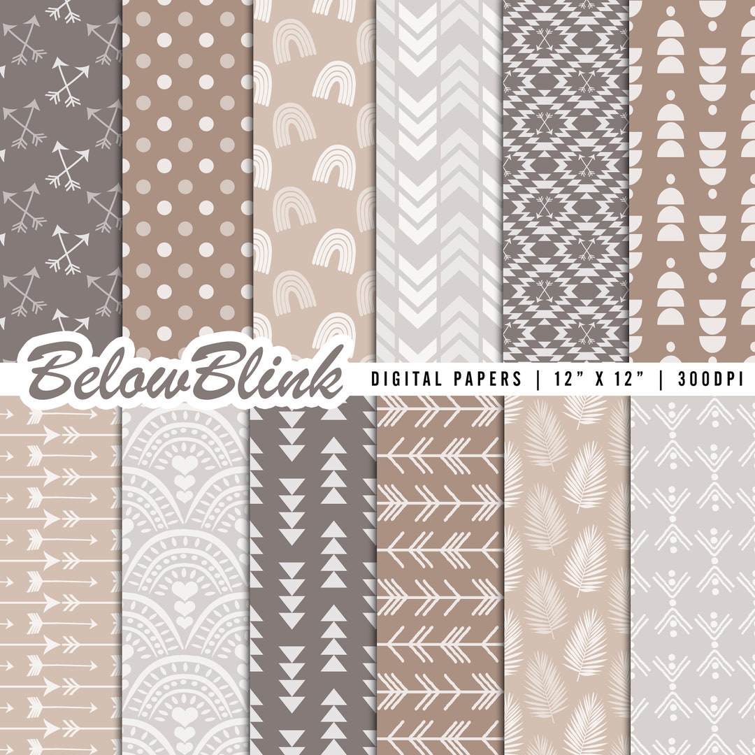Neutral Boho Digital Paper, Seamless Backgrounds, Bohemian Scrapbook ...