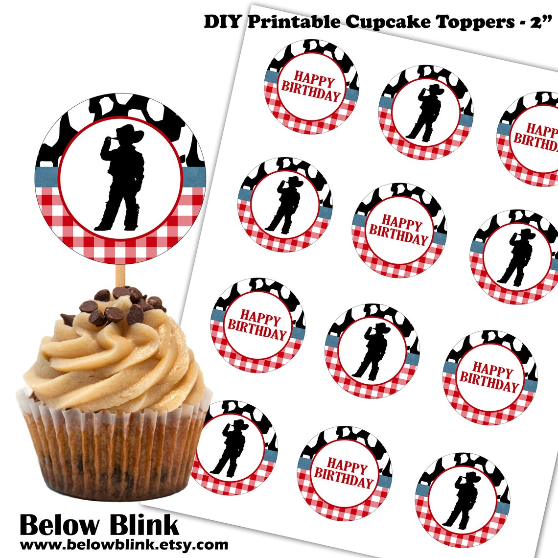 Cowboy Happy Birthday Cupcake Toppers Birthday Printable - Etsy