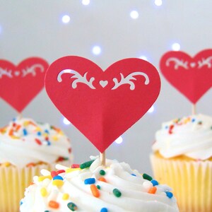 Red Heart Cupcake Toppers 12CT, Valentine's Day Decorations, Wedding ...