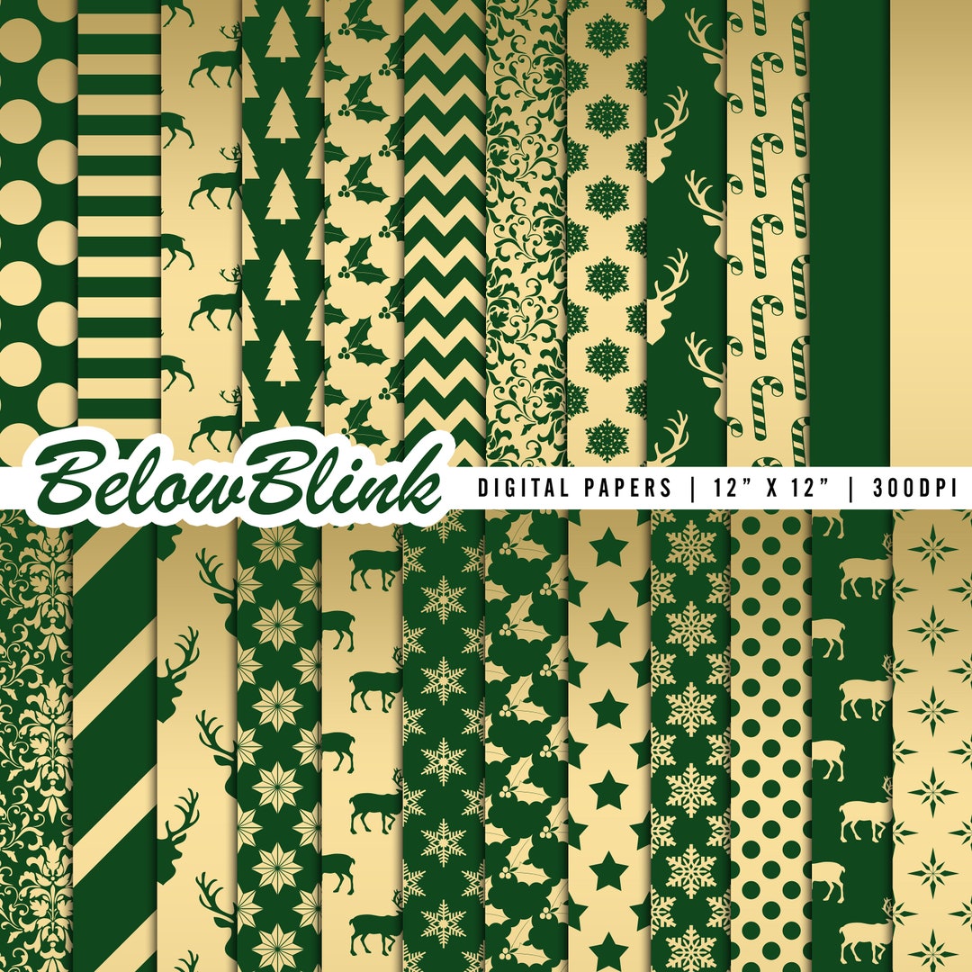 Christmas Digital Paper Metallic Green Moose Reindeer Snowflake Damask ...