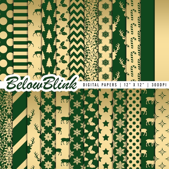 Christmas Digital Paper Metallic Green Moose Reindeer Snowflake Damask ...
