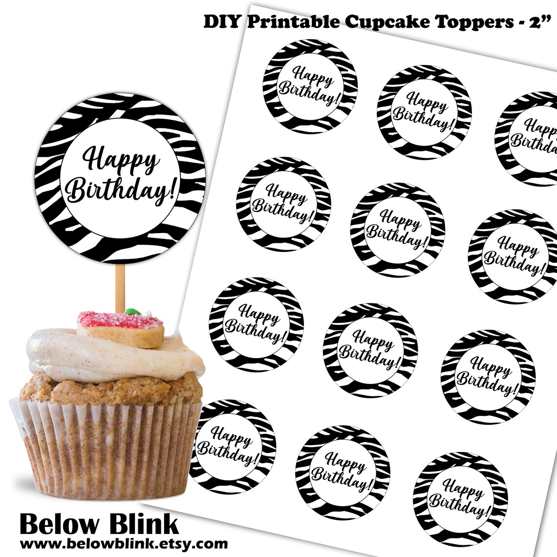 Zebra Print Happy Birthday Cupcake Toppers Tags Party Favor - Etsy