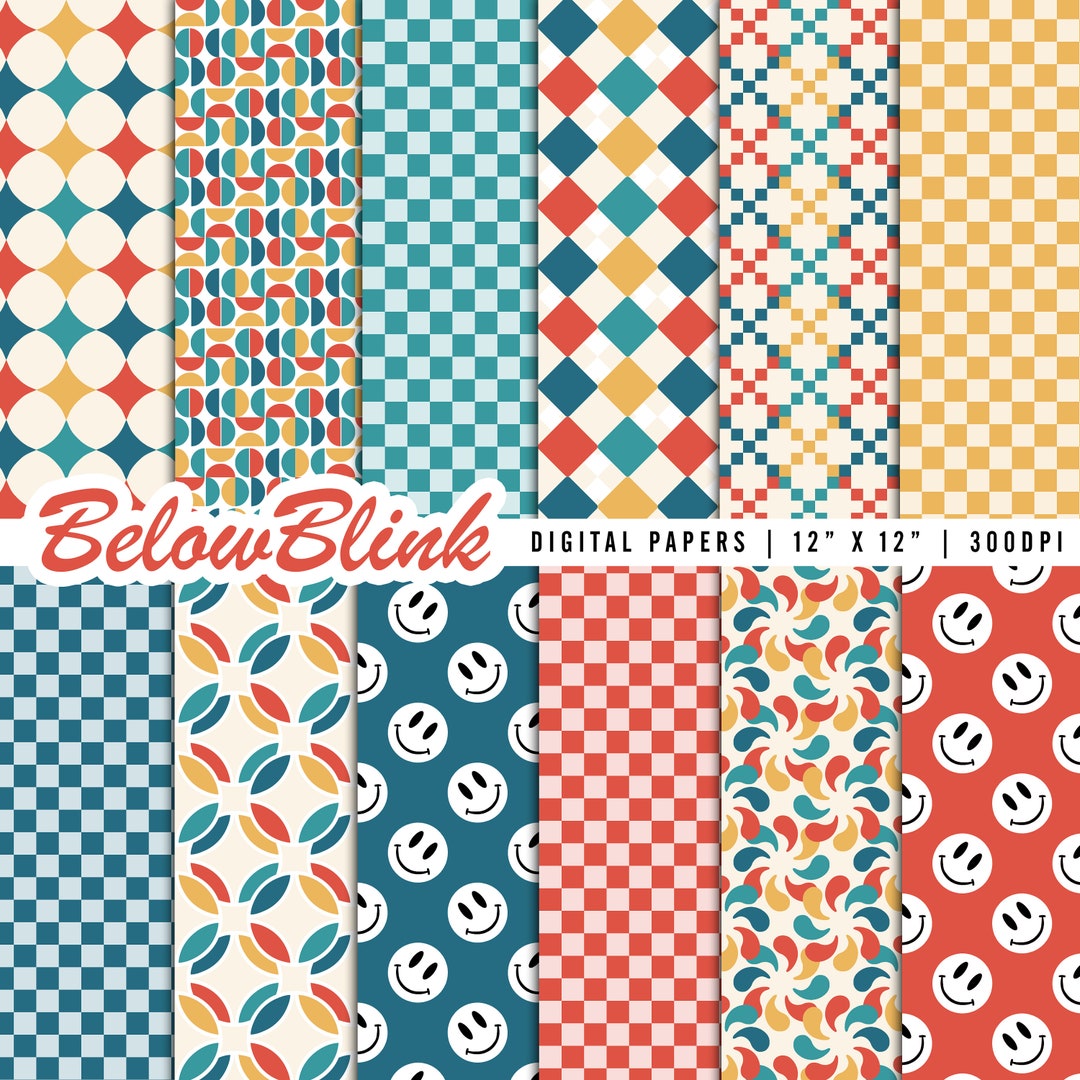 Retro Digital Paper, Seamless Backgrounds, Scrapbook Paper, Happy Face ...