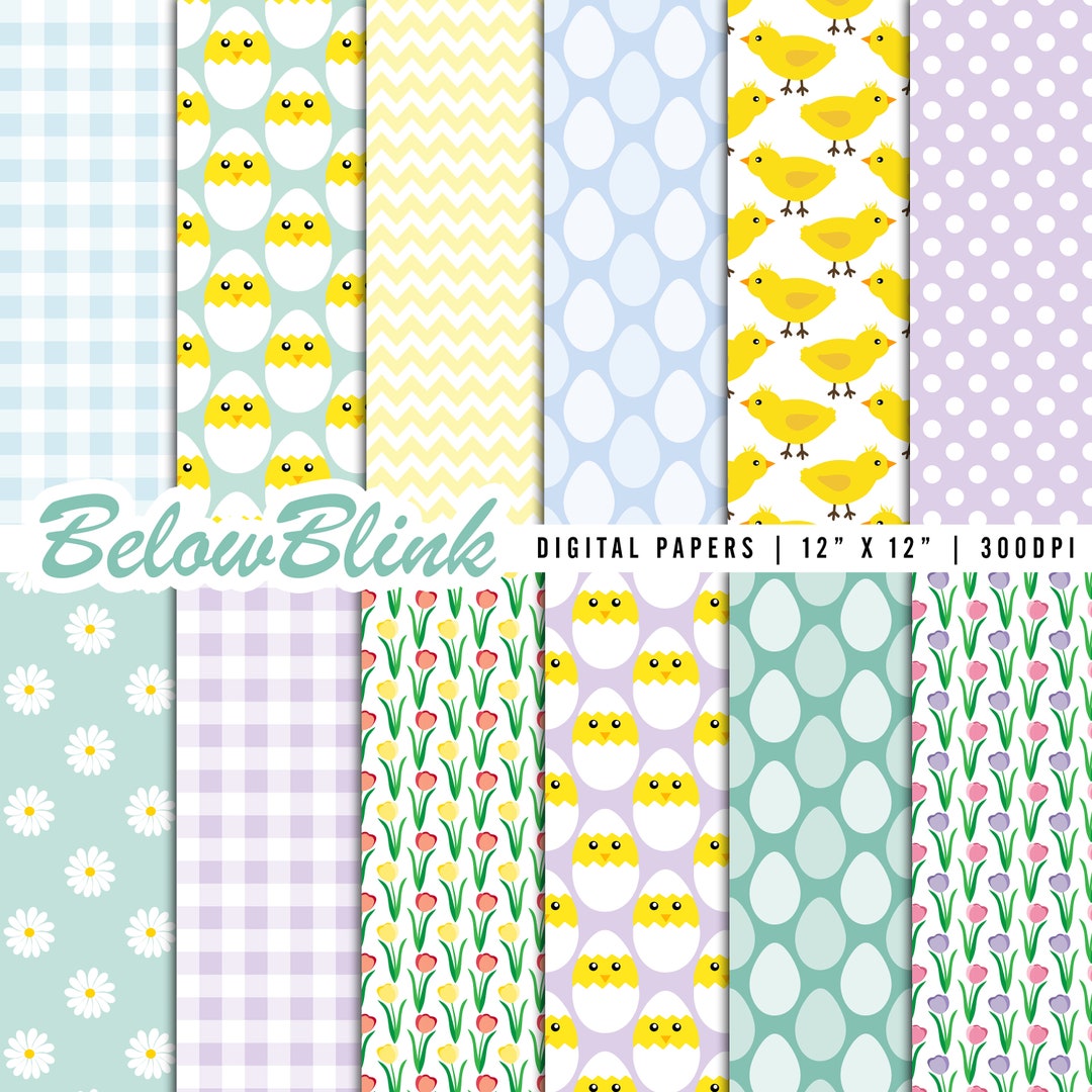 Easter Chick Digital Paper, Seamless Backgrounds, Scrapbook Paper, Printable Papers, Gingham ...