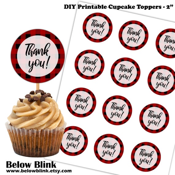 Lumberjack Buffalo Plaid Thank You Cupcake Toppers, Printable Thank You ...