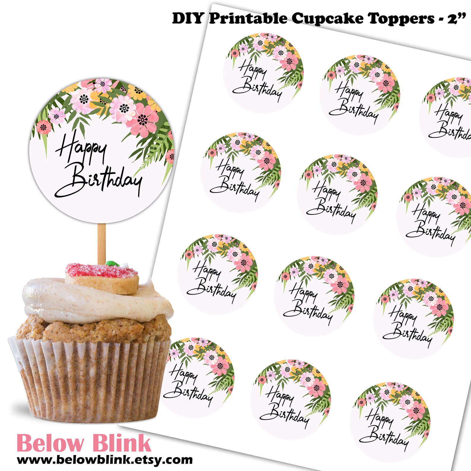 Happy Birthday Cupcake Toppers Floral Toppers 1st Birthday - Etsy