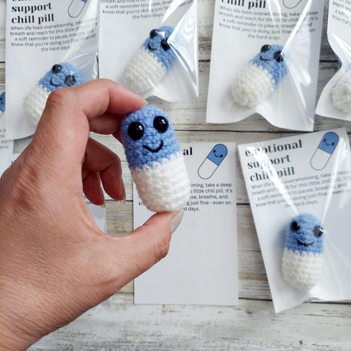 Emotional Support Chill Pill Pocket Hug, Crochet Amigurumi Plush Toy ...