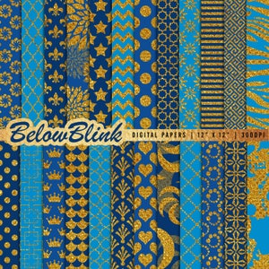 Blue and Gold Digital Paper, Background, Scrapbooking, Gold Sparkle ...