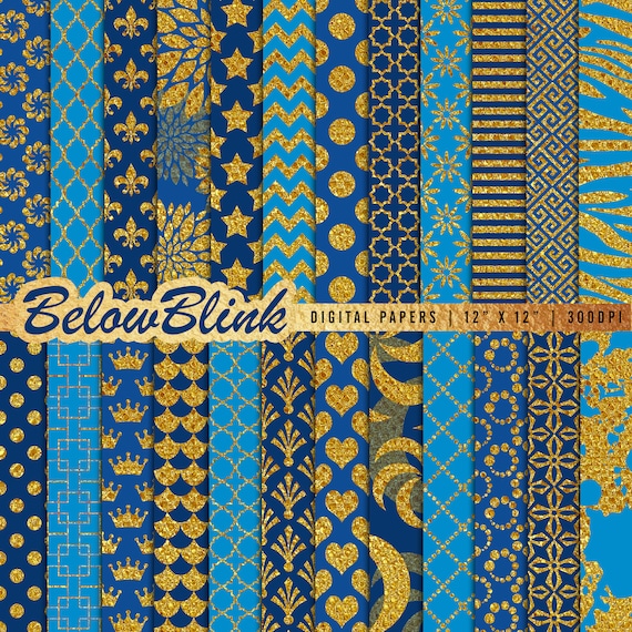 Blue and Gold Digital Paper, background, scrapbooking, gold sparkle ...