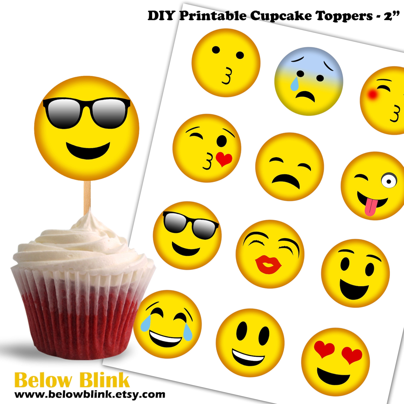 Emoji Cupcake Toppers, Smiley Printable Cupcake Toppers, Emoji Theme ...