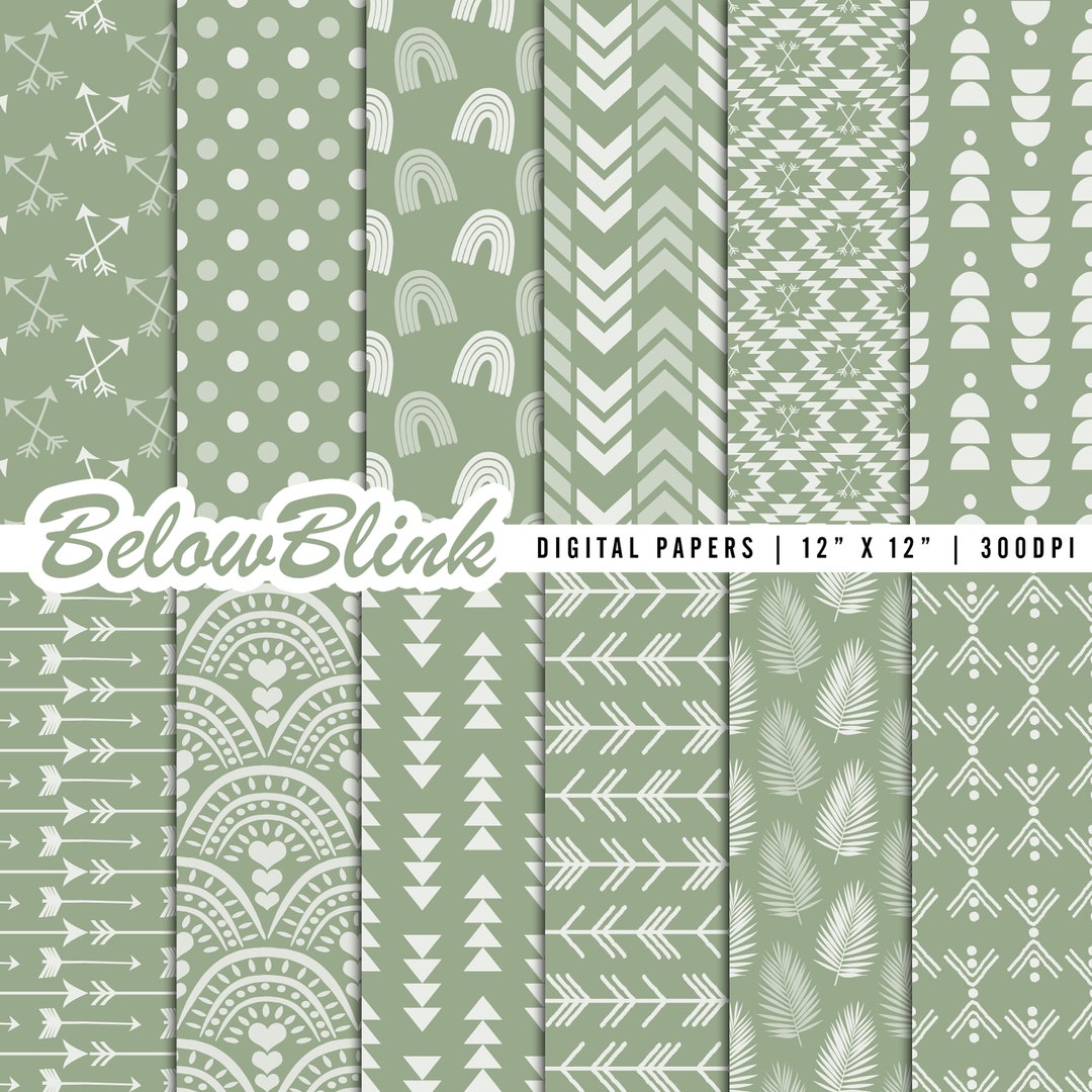 Sage Boho Digital Paper, Seamless Backgrounds, Bohemian Scrapbook Paper ...