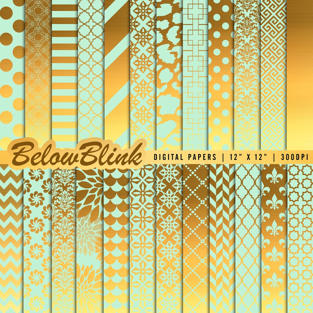 Mint Green and Gold Digital Paper, Gold Background, Scrapbook Papers ...