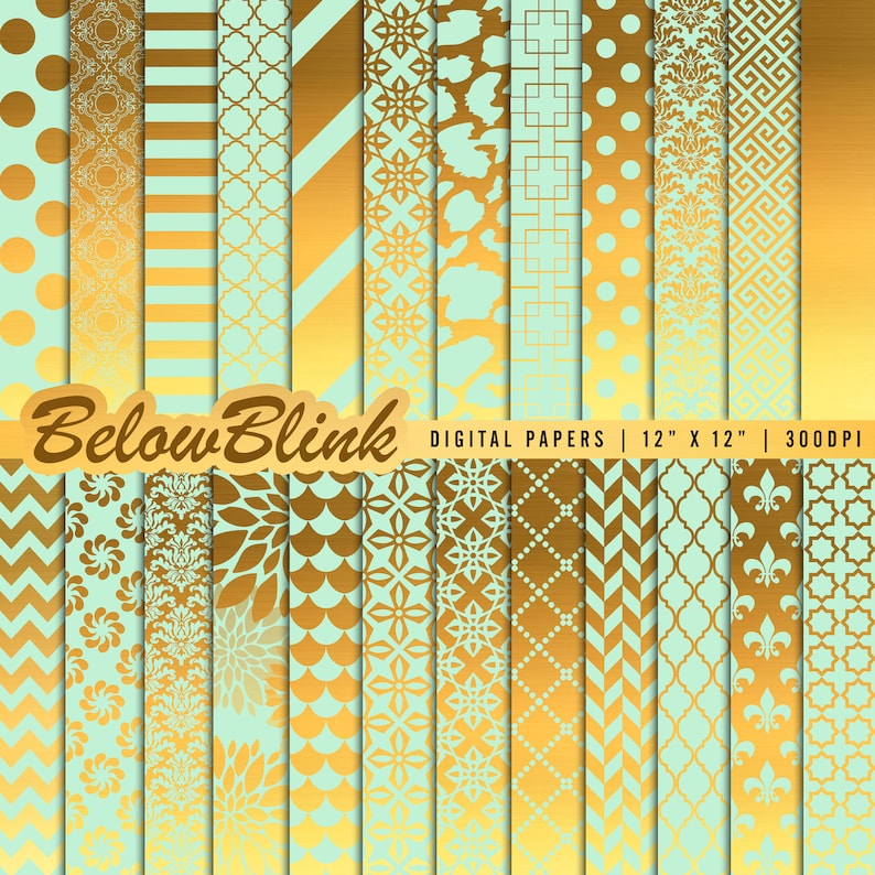 Mint Green and Gold Digital Paper Gold Background Scrapbook - Etsy