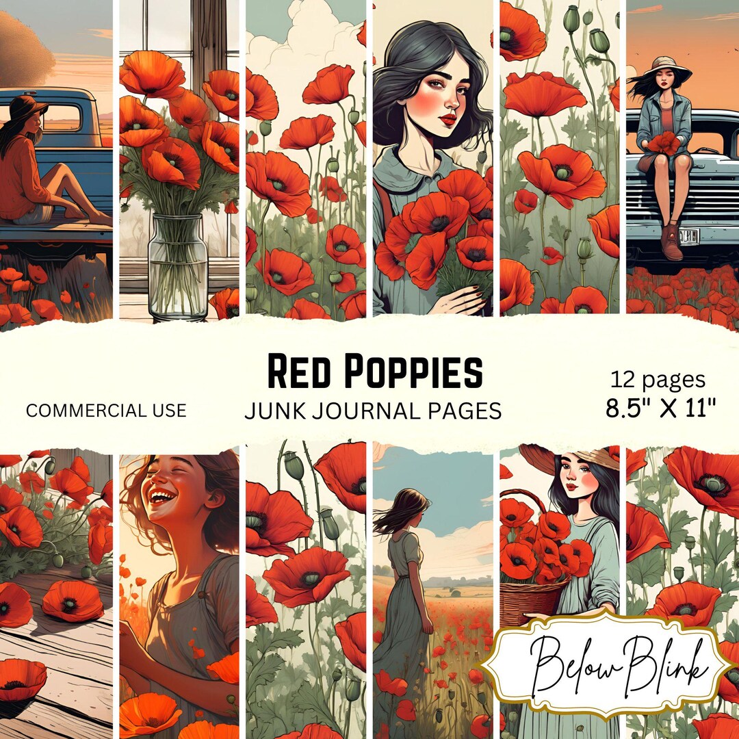 Red Poppies Junk Journal Pages Digital Paper Pack Printable Poppy ...