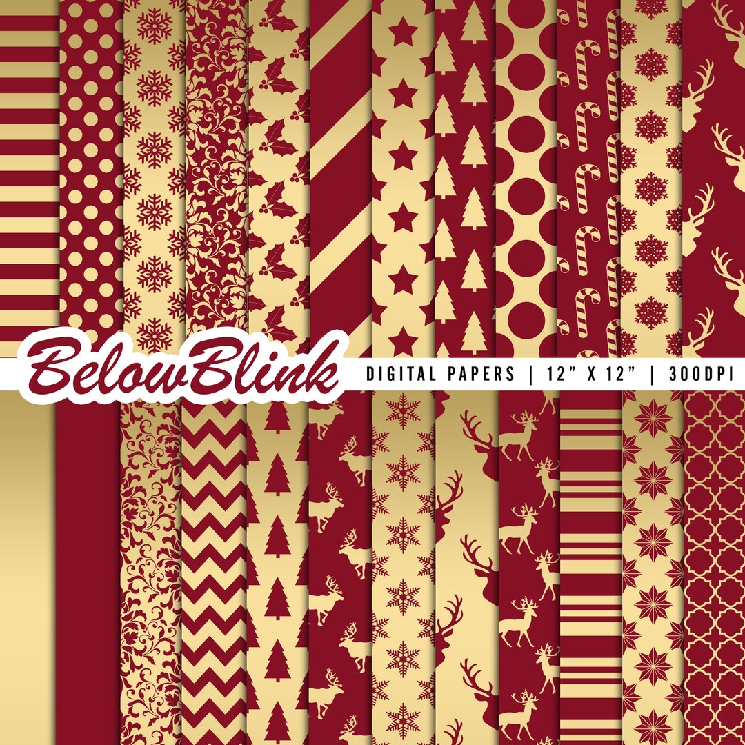 Christmas Digital Paper Gold Metallic Holiday Tree Reindeer Moose Holly ...