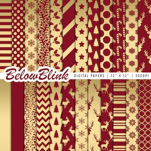 Christmas Digital Paper Gold Metallic Holiday Tree Reindeer Moose Holly ...