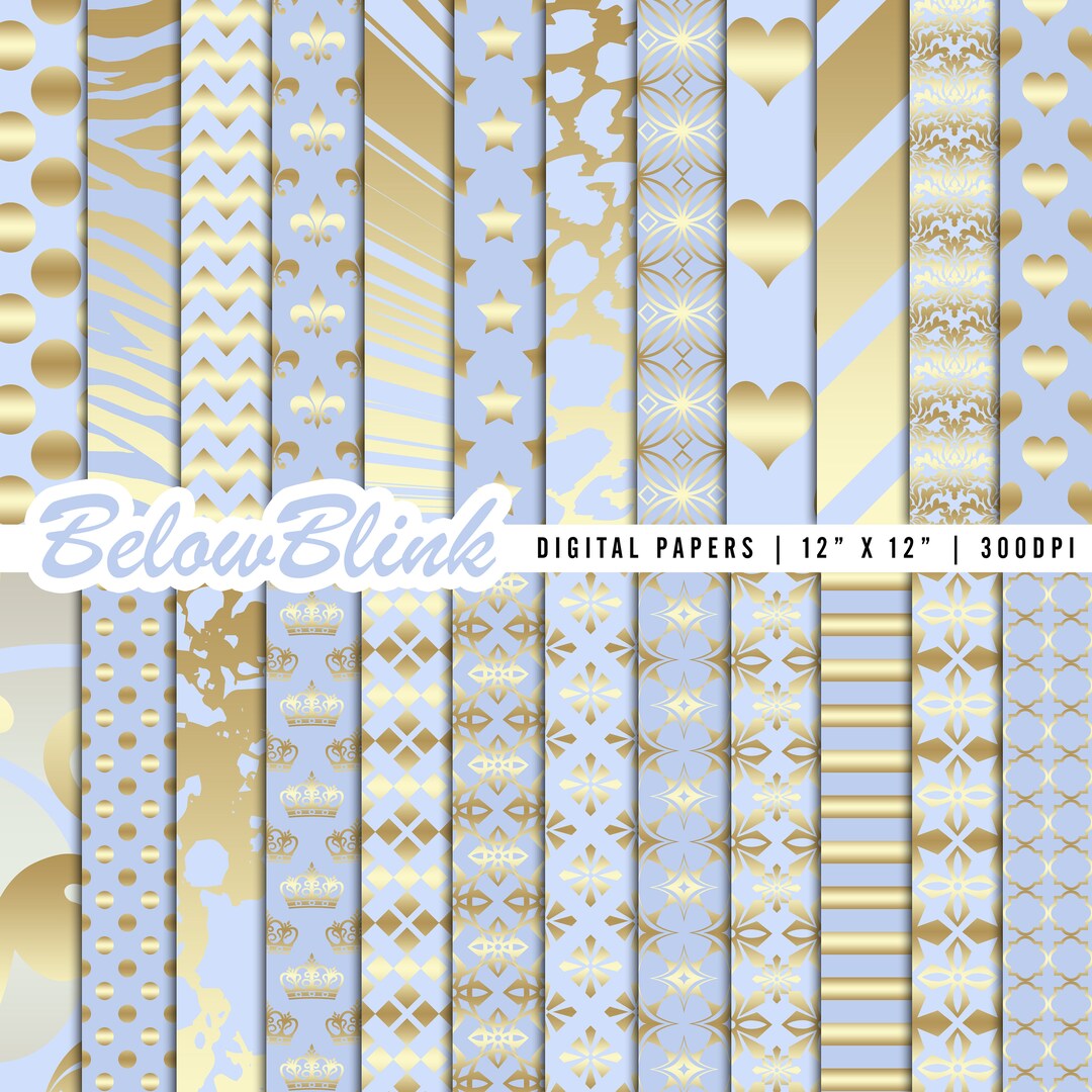 Baby Blue and Gold Scrapbook Papers, Gold Digital Paper, Commercial Use ...
