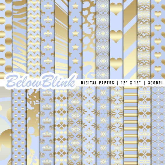 Baby Blue and Gold Scrapbook Papers, Gold Digital Paper, Commercial Use ...
