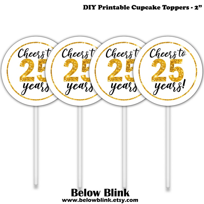 Cheers to 25 Years Cupcake Toppers 2 Round Tags Favor - Etsy