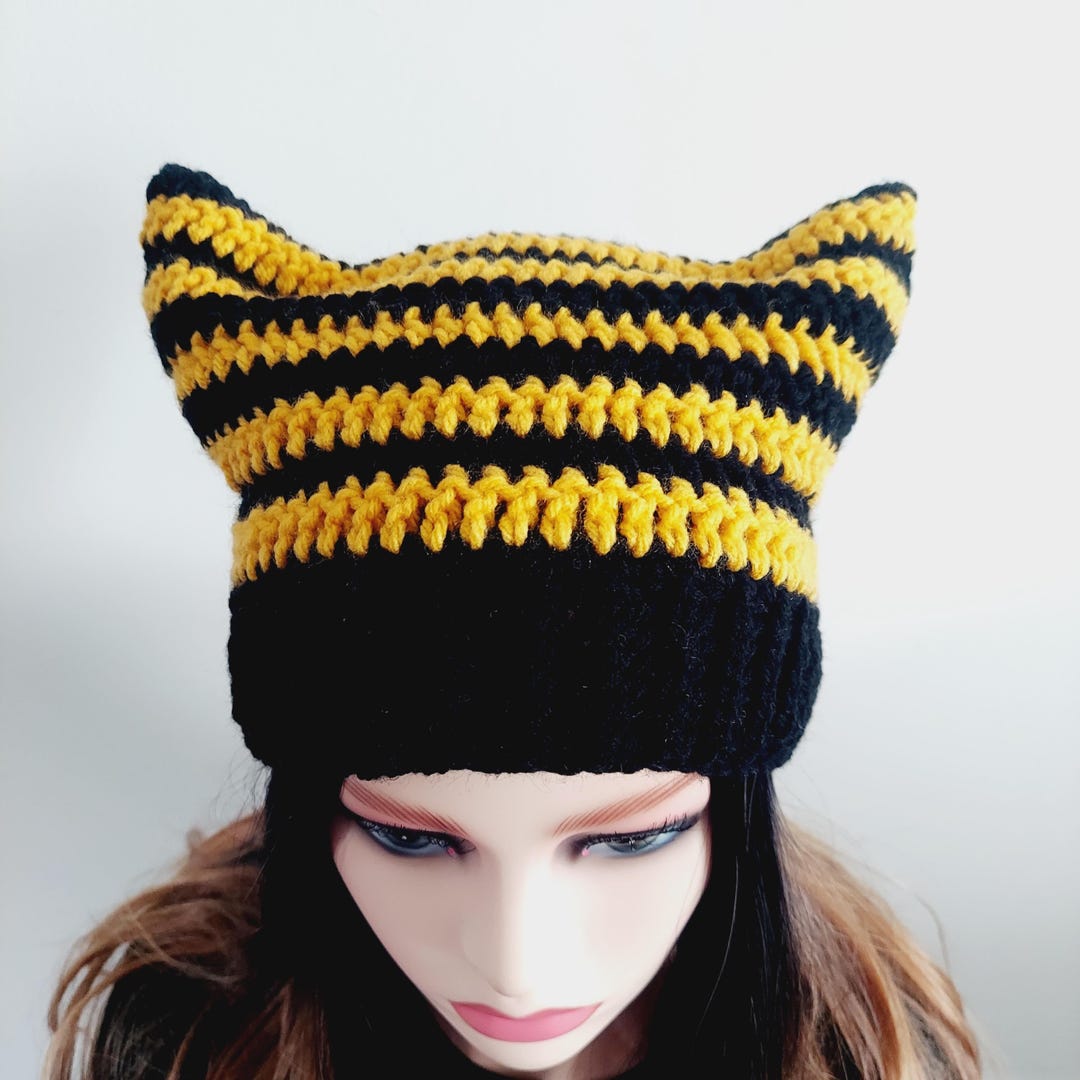 Bumble Bee Cat Ear Beanie, Crochet Beanie Hat, Adult Unisex Hat, Winter ...