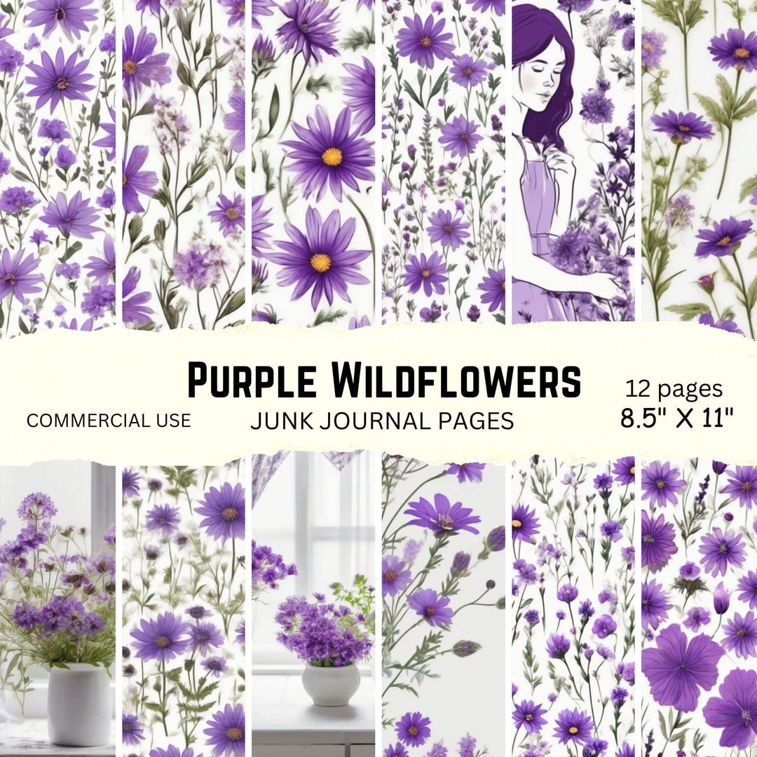 Purple Wildflowers Junk Journal Printable, Floral Digital Paper Pack ...