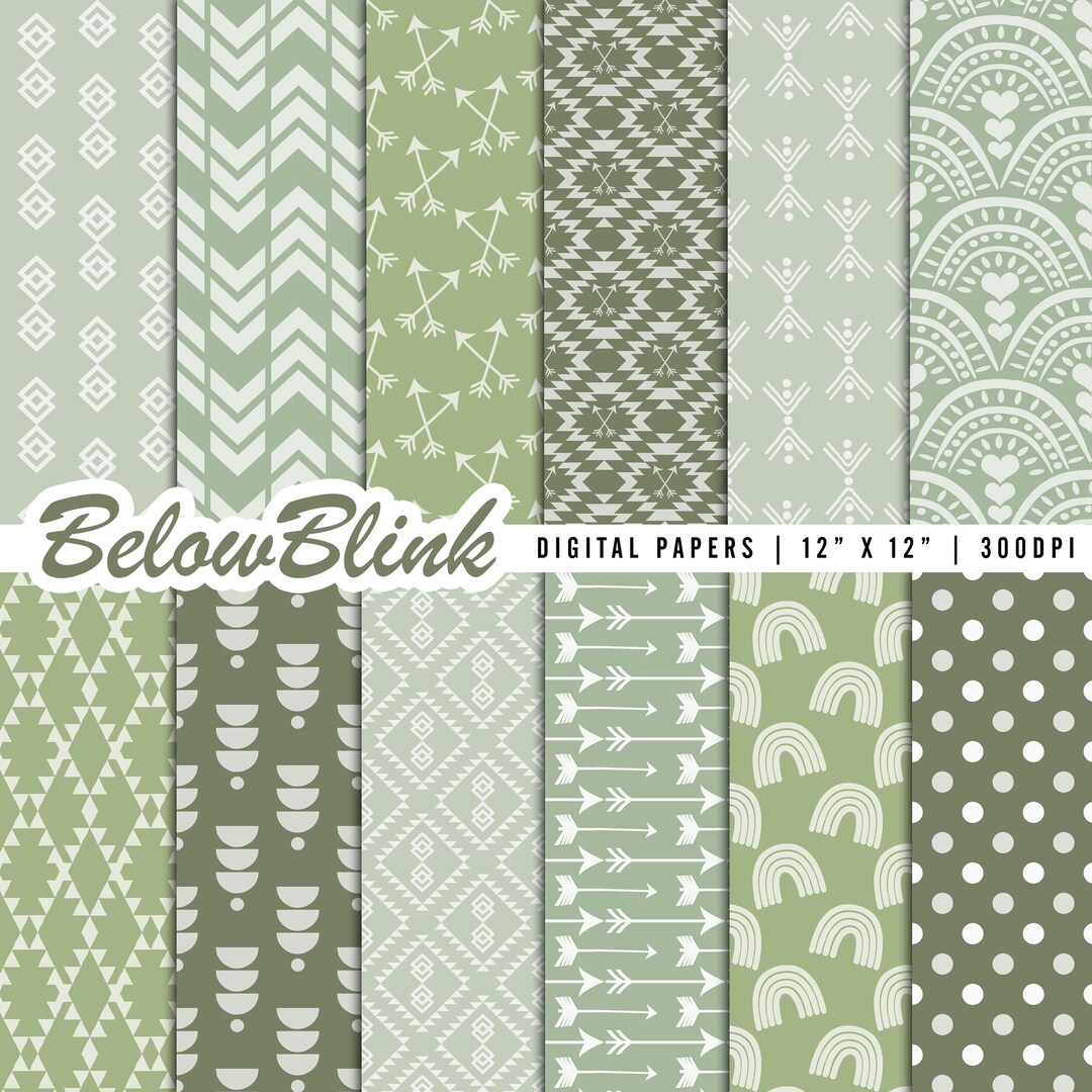 Green Boho Digital Paper, Seamless Backgrounds, Scrapbook Paper ...