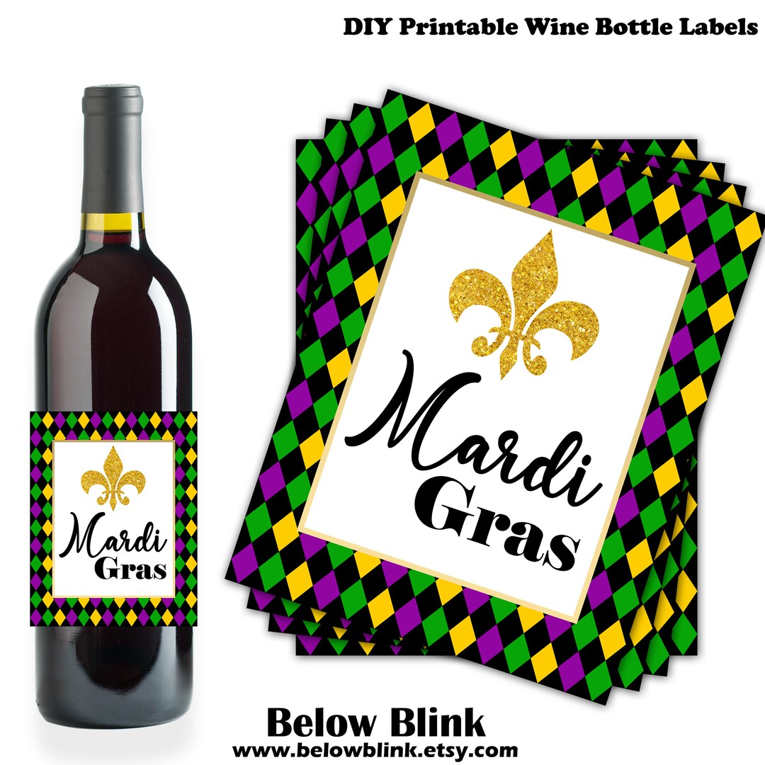 Mardi Gras Wine Bottle Labels, Printable Wine Bottle Labels, Mardi Gras ...