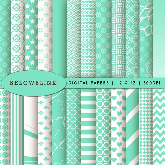 Cool Mint Digital Paper Pack, Scrapbook Papers, 24 jpg files 12 x 12 ...