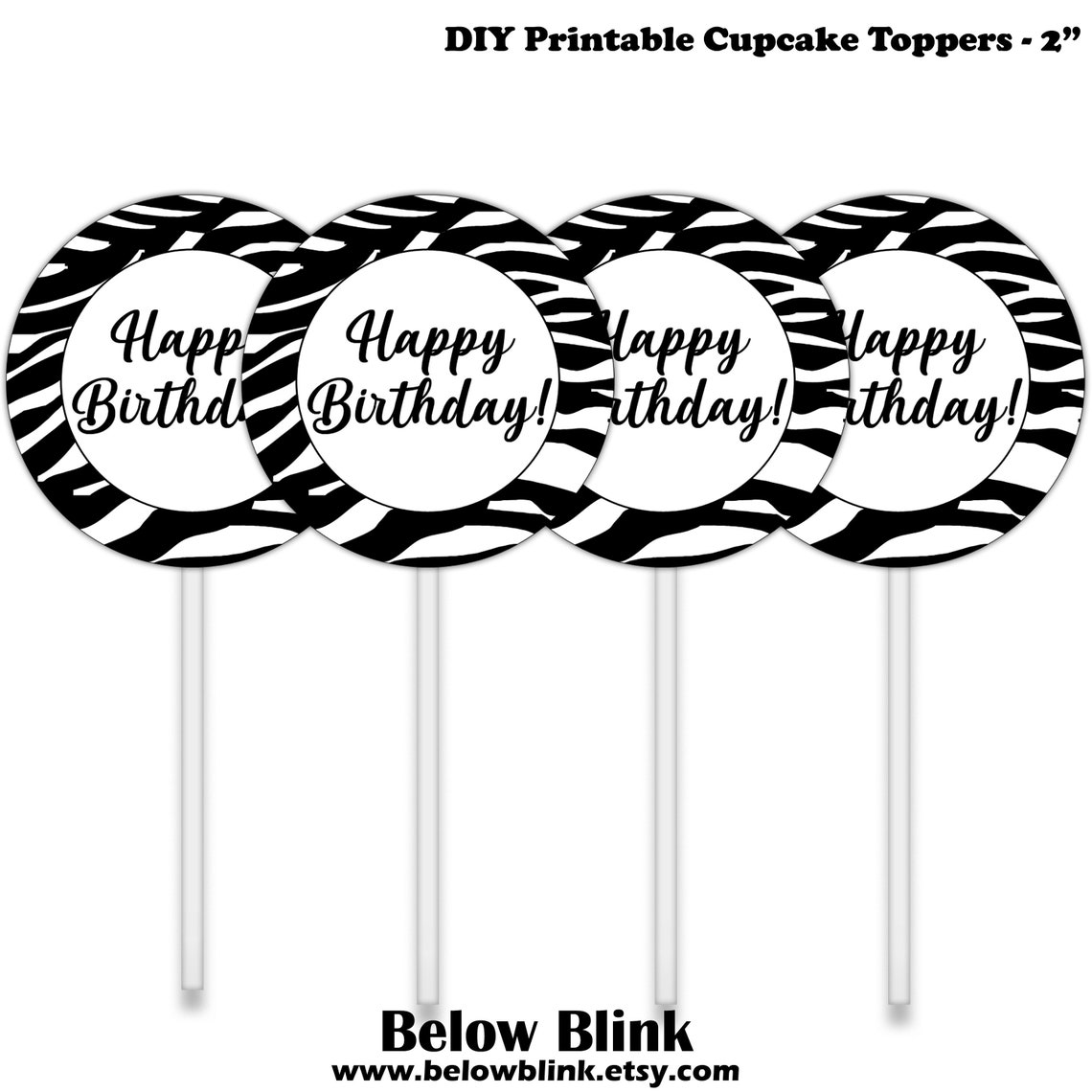 Zebra Print Happy Birthday Cupcake Toppers Tags Party Favor - Etsy