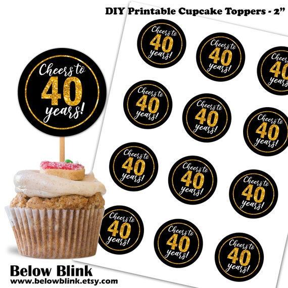 Cheers to 40 Years Cupcake Toppers, 2" Round Tags, Favor Tags, Confetti ...