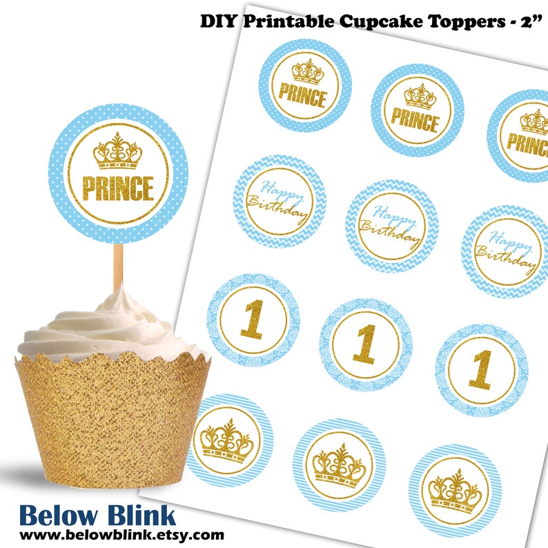 1st Birthday Cupcake Toppers, Prince Printable Cupcake Toppers, Blue ...