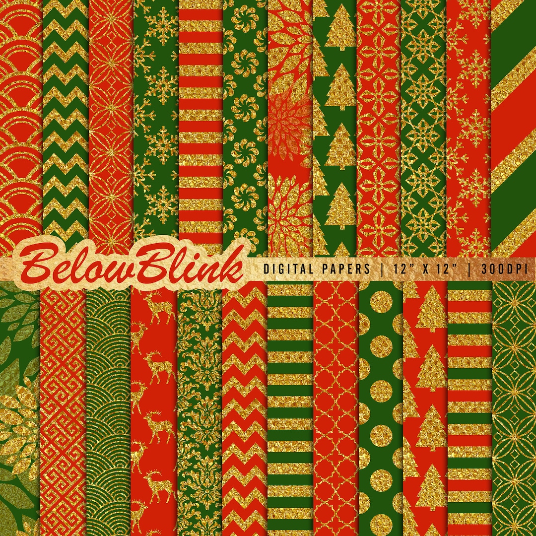 Red and Gold Christmas Digital Paper, Holiday Papers, Scrapbooking ...