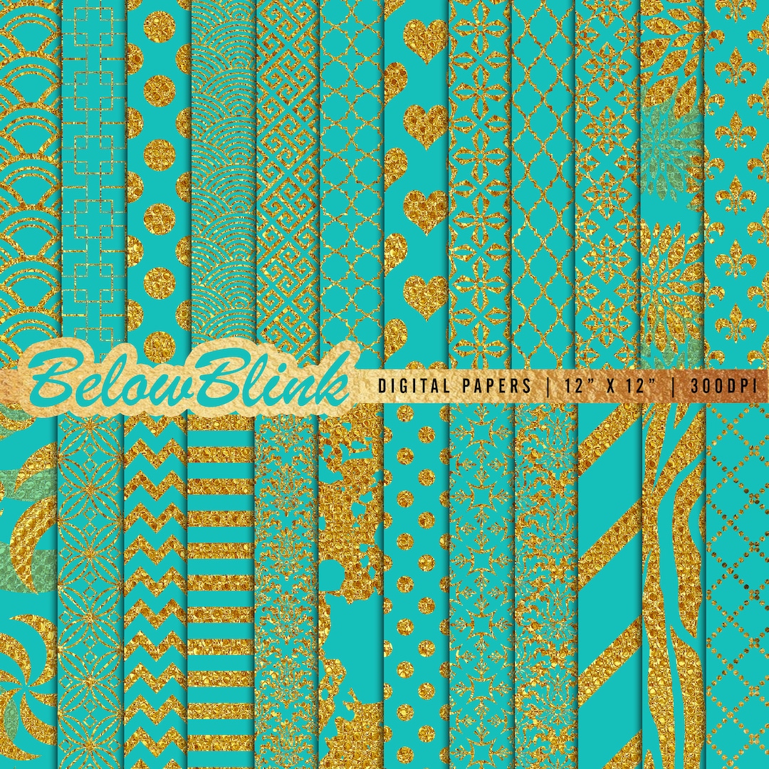 Turquoise and Gold Digital Paper, Wedding Papers, Scrapbooking ...