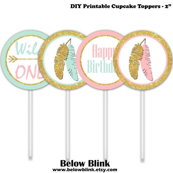 Wild One Cupcake Toppers Boho Gift Tags Tribal Favors Happy Birthday ...