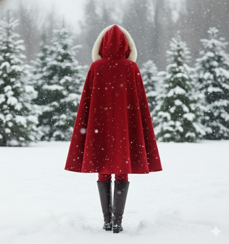 Luxury Red Hooded Winter Cape With Faux Fur Trim – Elegant Christmas ...