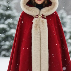 Luxury Red Hooded Winter Cape With Faux Fur Trim – Elegant Christmas ...