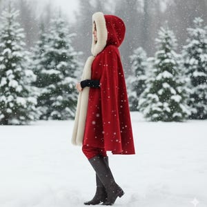 Luxury Red Hooded Winter Cape With Faux Fur Trim – Elegant Christmas ...