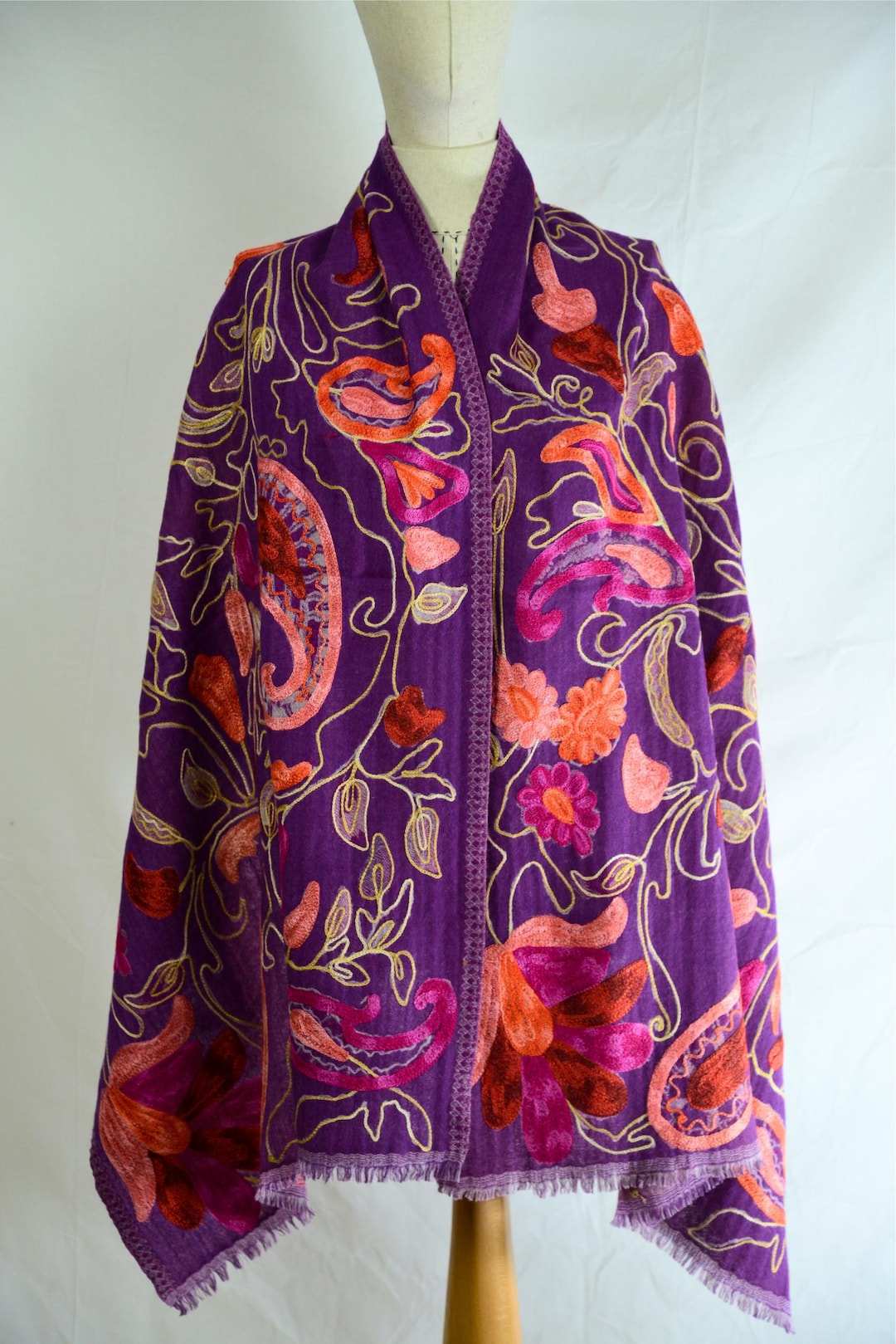 Hand Embroidered Wool Shawl – Vibrant Colorful Winter Wrap, Artisan ...