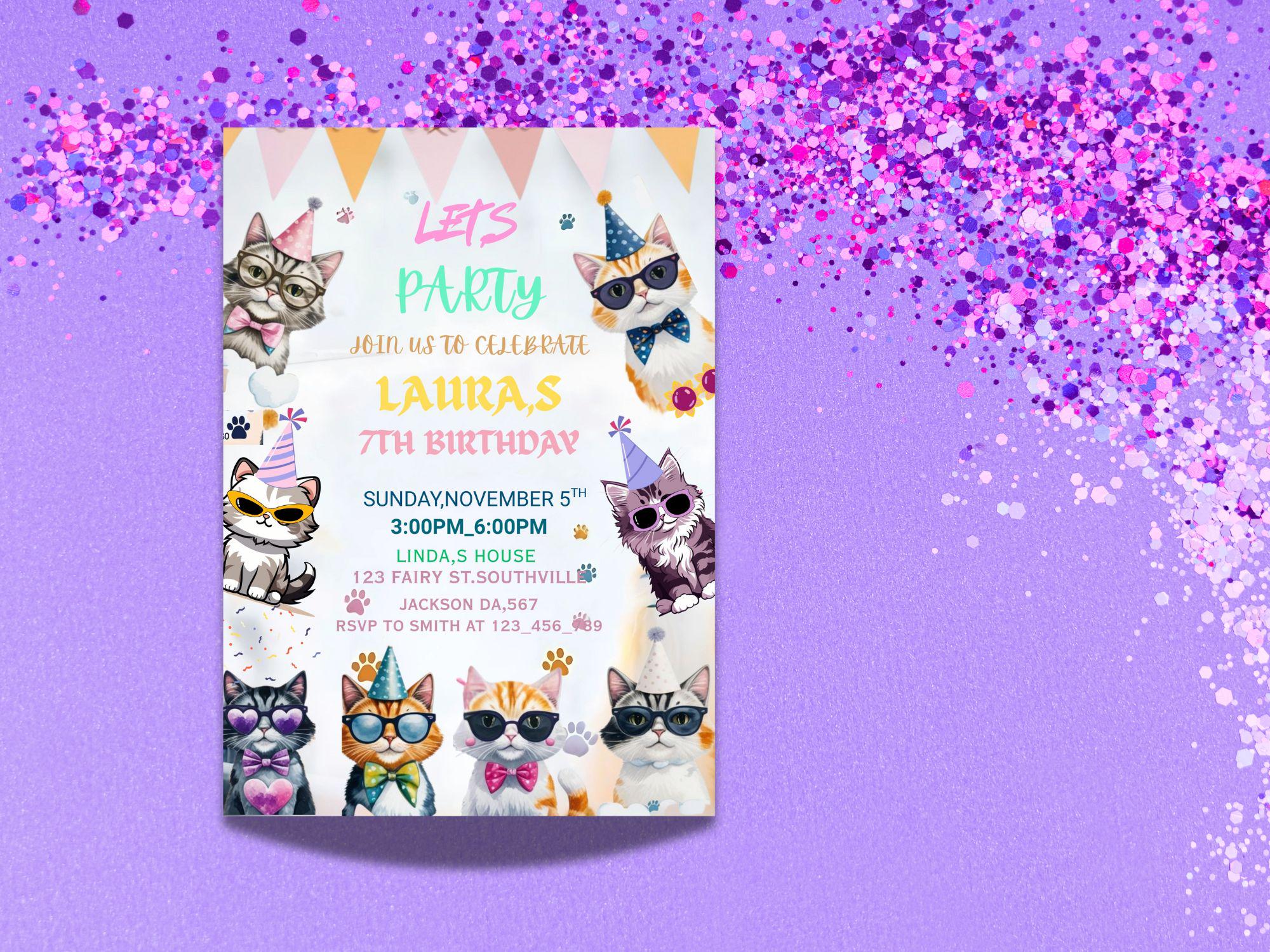 Cat Invitation,kitty Cat Birthday Party,cat Theme Birthday Invitation ...