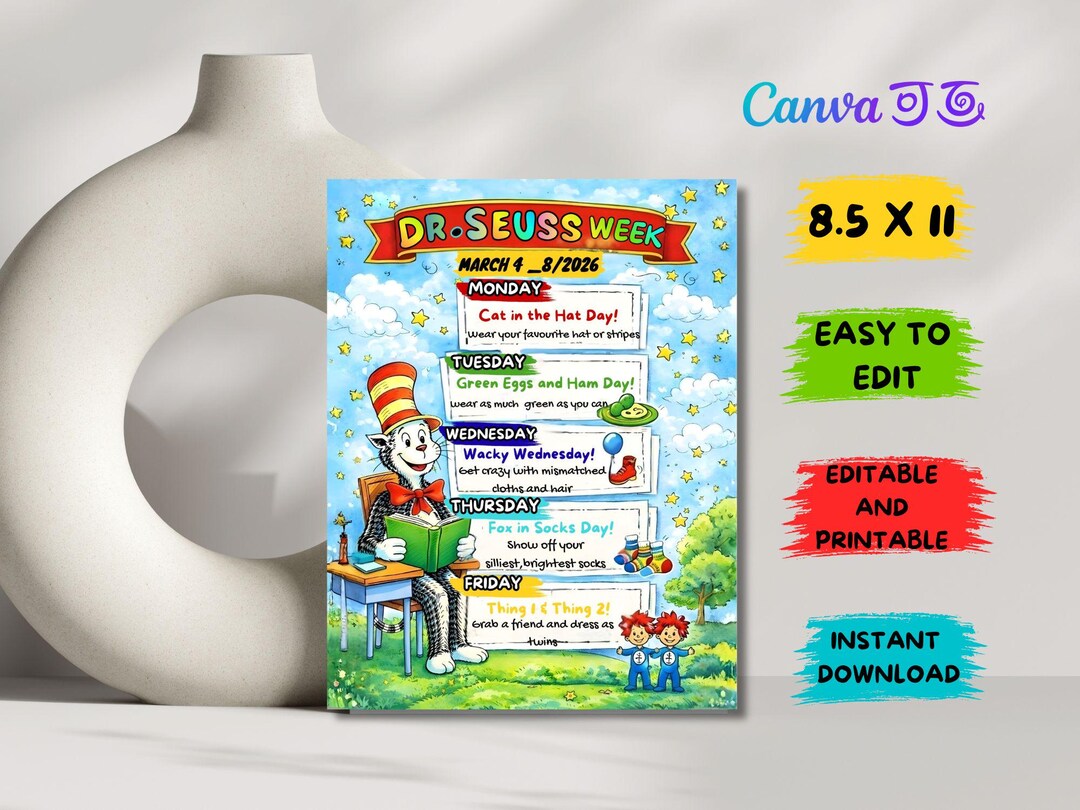 Bearbeitbare Dr. Seuss Vorlage |Dr. Seuss Spirit Week Vorlage Flyer ...