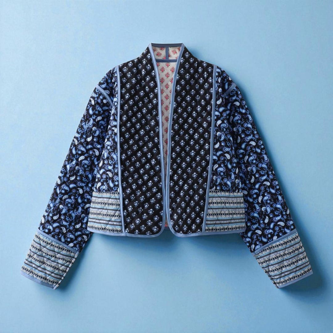 Patterned Quilted Cardigan, Collarless Jacket With Botanical Motifs, V ...