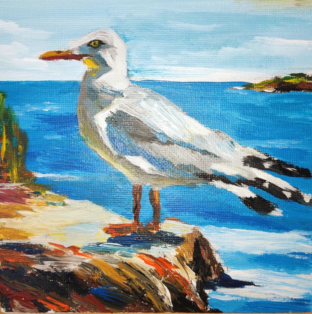Original Painting of the Seagull on Canvas Unique Decor Miniature 15 X ...