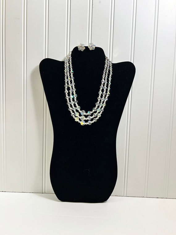 Vintage Clear Bead Triple Strand Necklace and Clip Ea… - Gem