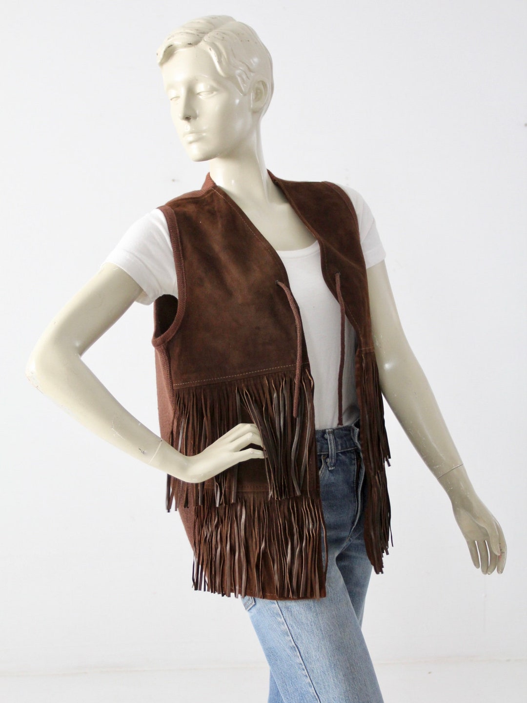 Vintage Fringe Suede and Knit Vest, Brown Western Hippie Vest - Etsy