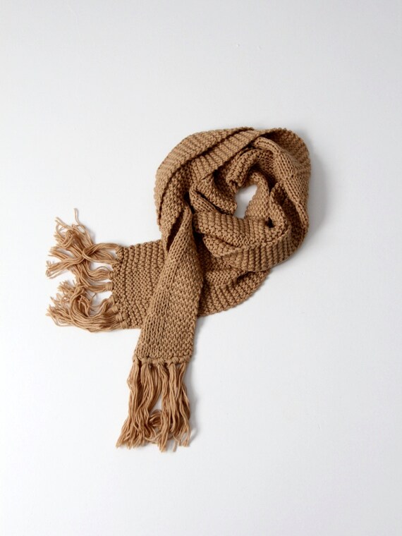 Vintage Knit Scarf XL Tan Scarf With Tassels Etsy UK
